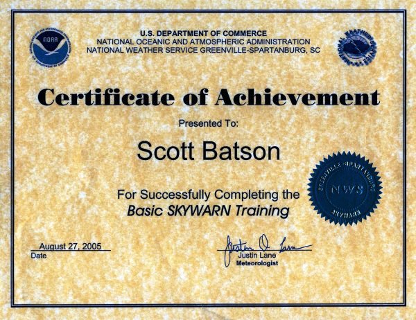 Advanced SKYWARN Training Certificate